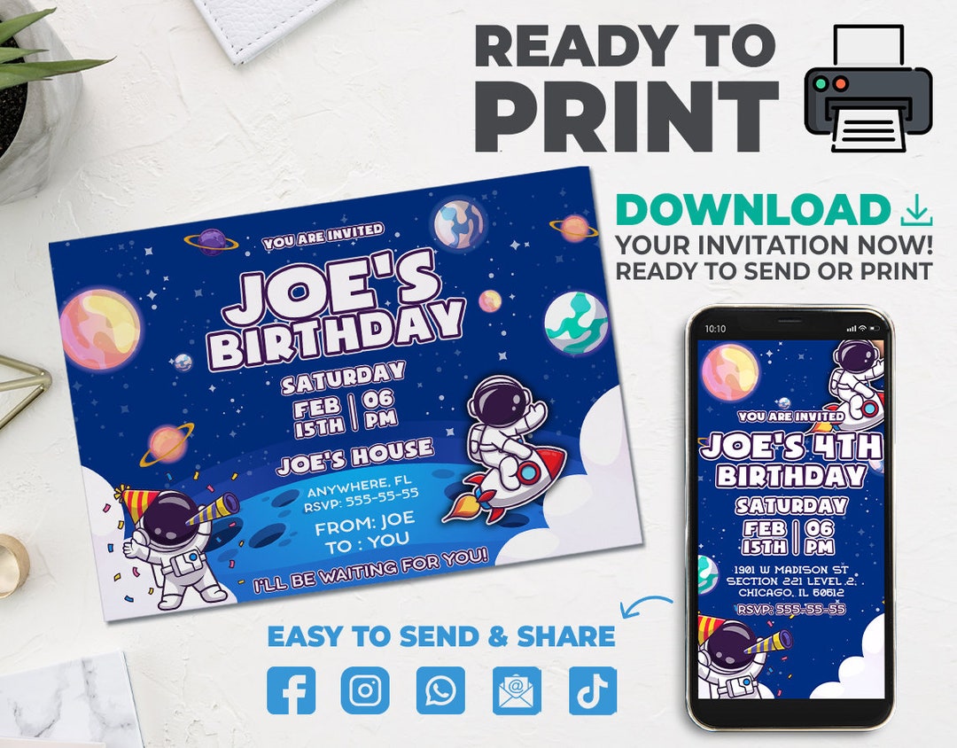 Digital & Printable Birthday Astronaut Party Invitation Custom ...