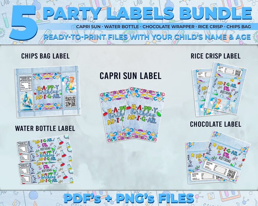 Science Lab Printable Birthday Party Labels Custom Personalized Little ...