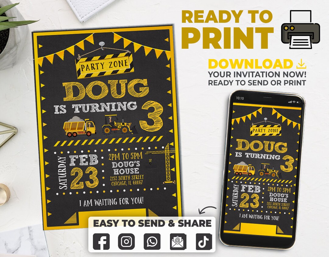 Digital & Printable Birthday Construction Party Invitation Custom ...