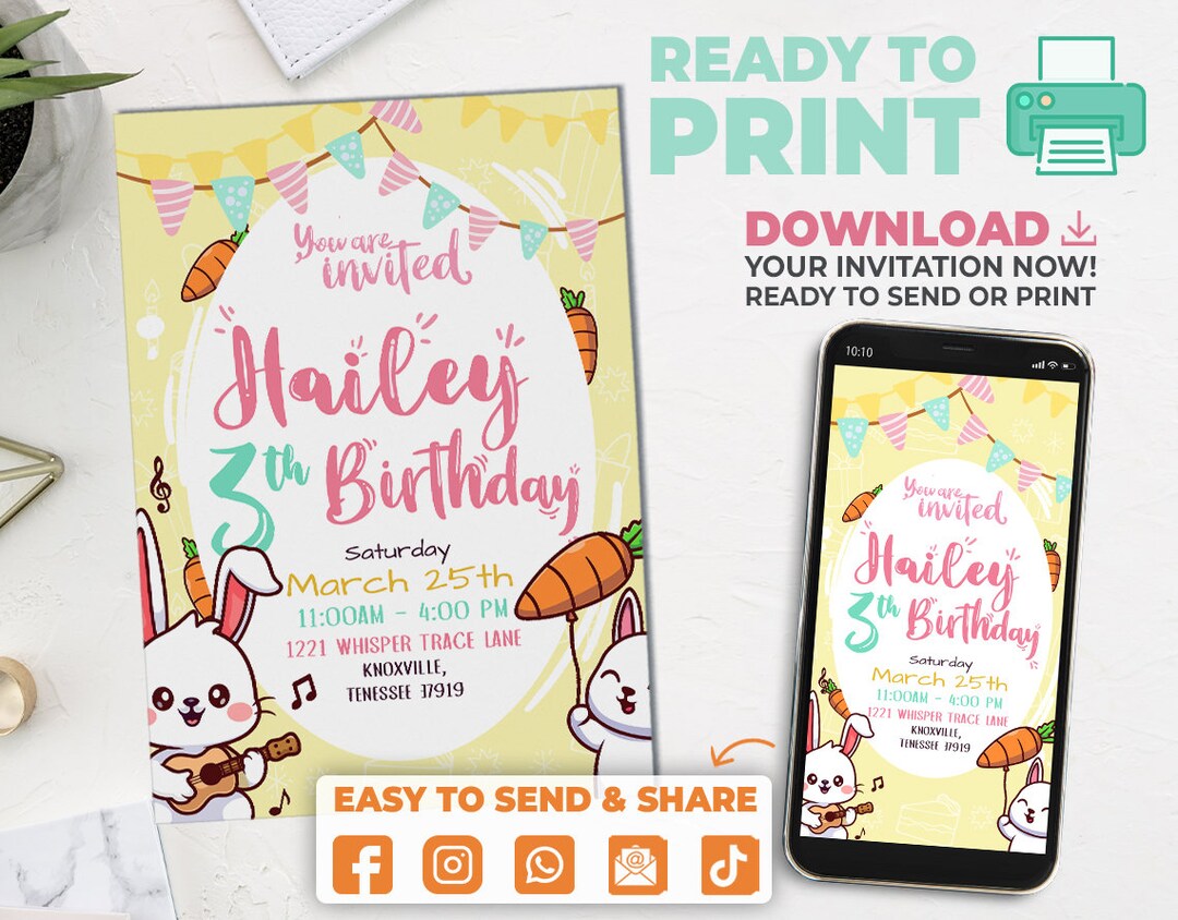 Digital & Printable Birthday Little Bunny Party Invitation Custom ...