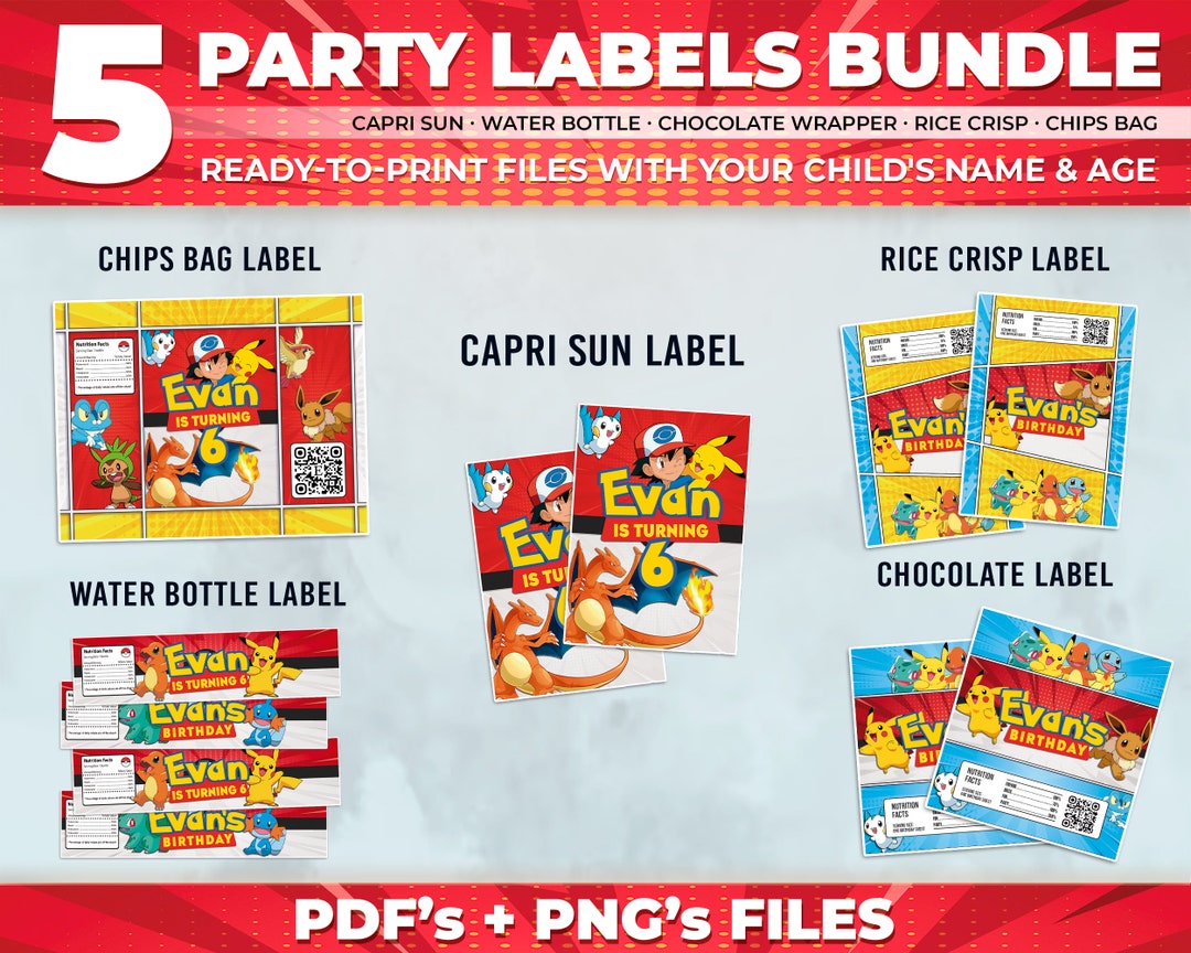 Poke Printable Birthday Party Labels Custom Personalized Pika Party ...