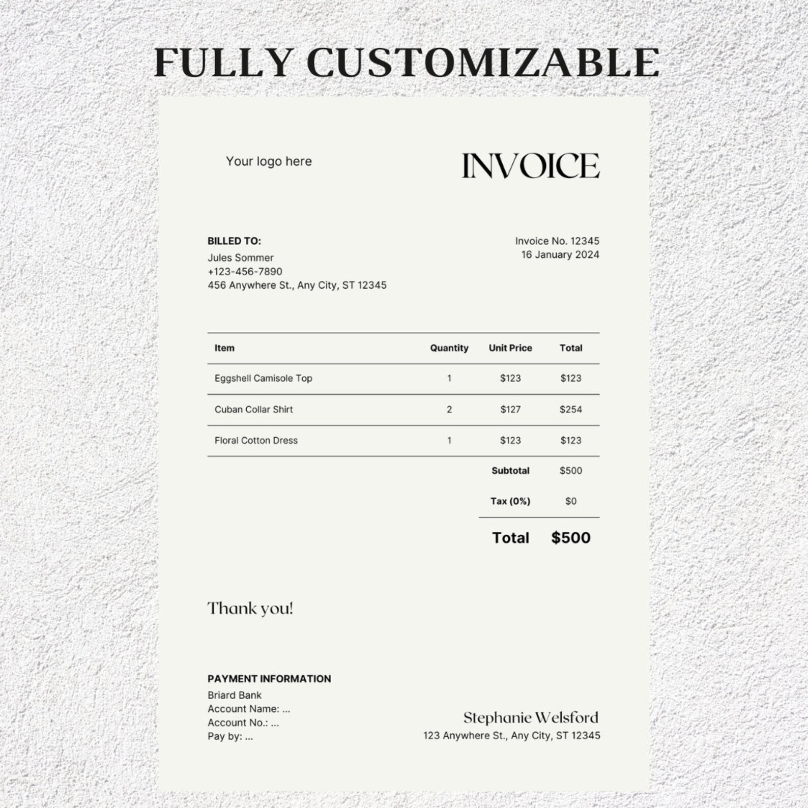 Invoice Template Modern Invoice Aesthetic Invoice Customizable Invoice ...