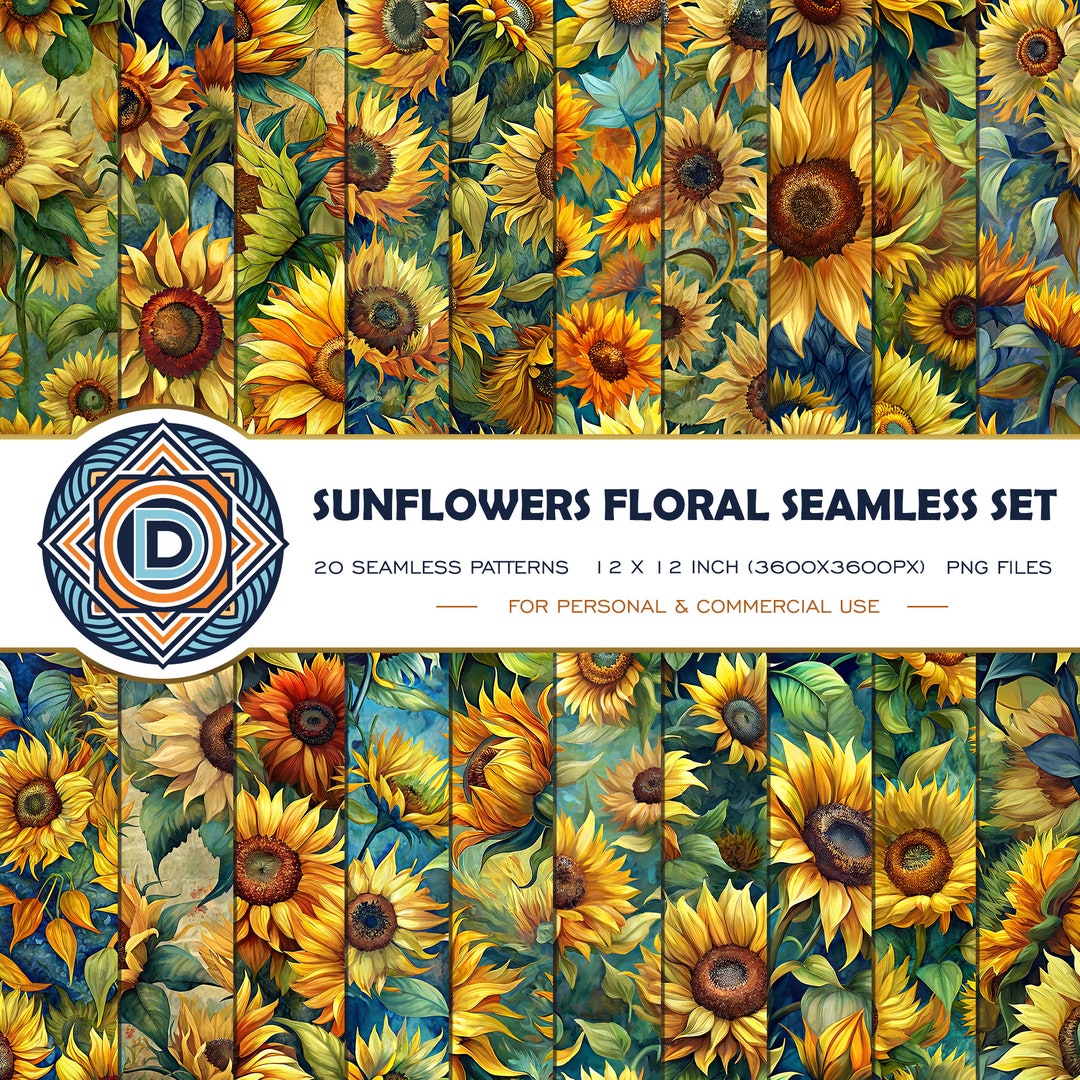 Sunflowers Floral Seamless Set - 20 Seamless Flower Patterns L Floral ...