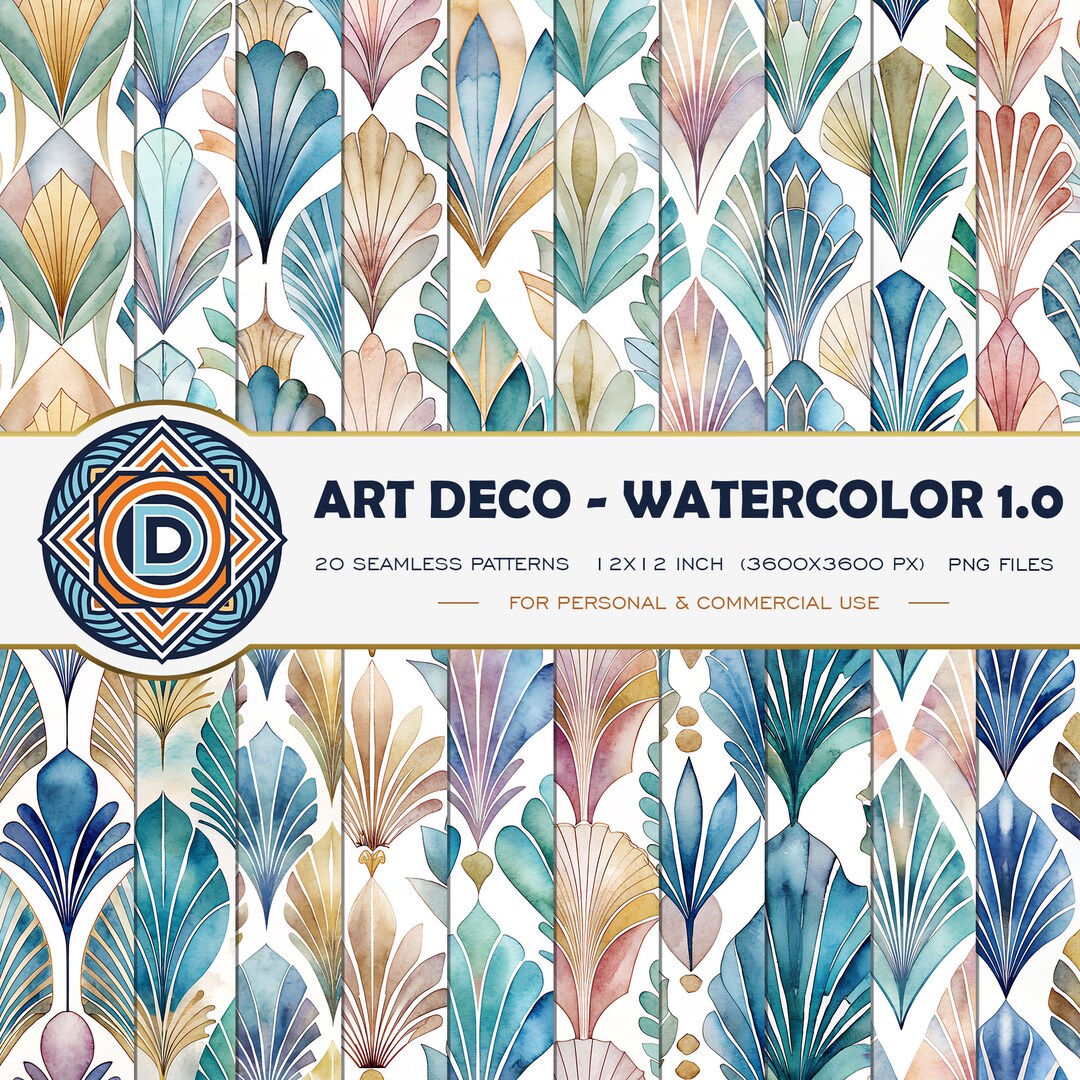 Art Deco Watercolor Bundle 20 Seamless Patterns L Printable Art Deco ...