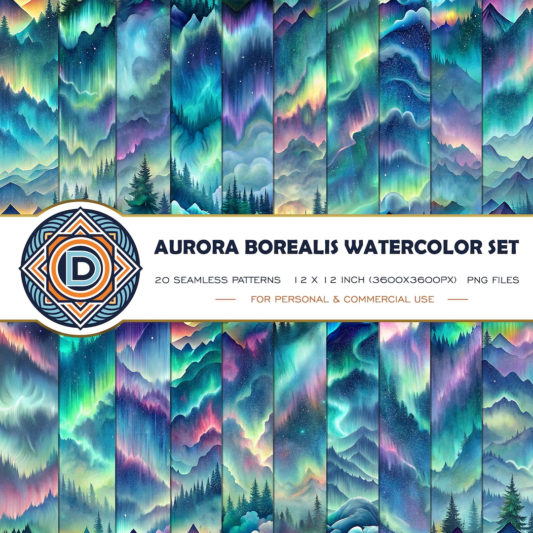 Aurora Borealis Watercolor Set - 20 Seamless Northern Lights Patterns L ...