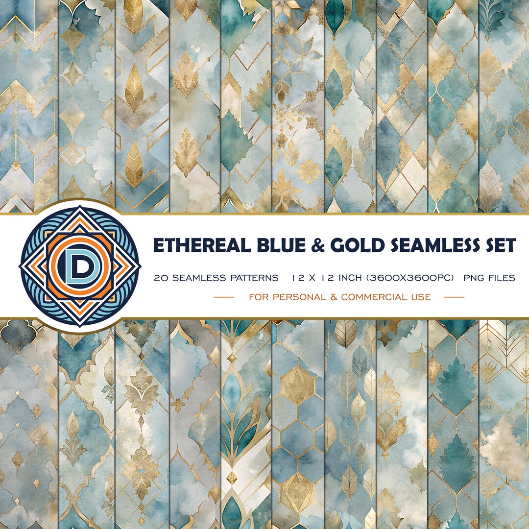 Ethereal Blue & Gold Seamless Watercolor Set 20 Seamless Boho Patterns ...