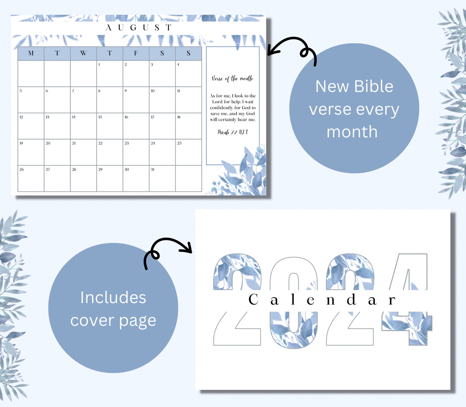 Printable Calendars 2024 Blue Watercolour Floral Theme Watercolour ...