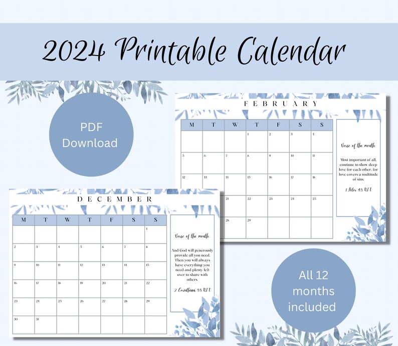 Printable Calendars 2024 Blue Watercolour Floral Theme Watercolour ...