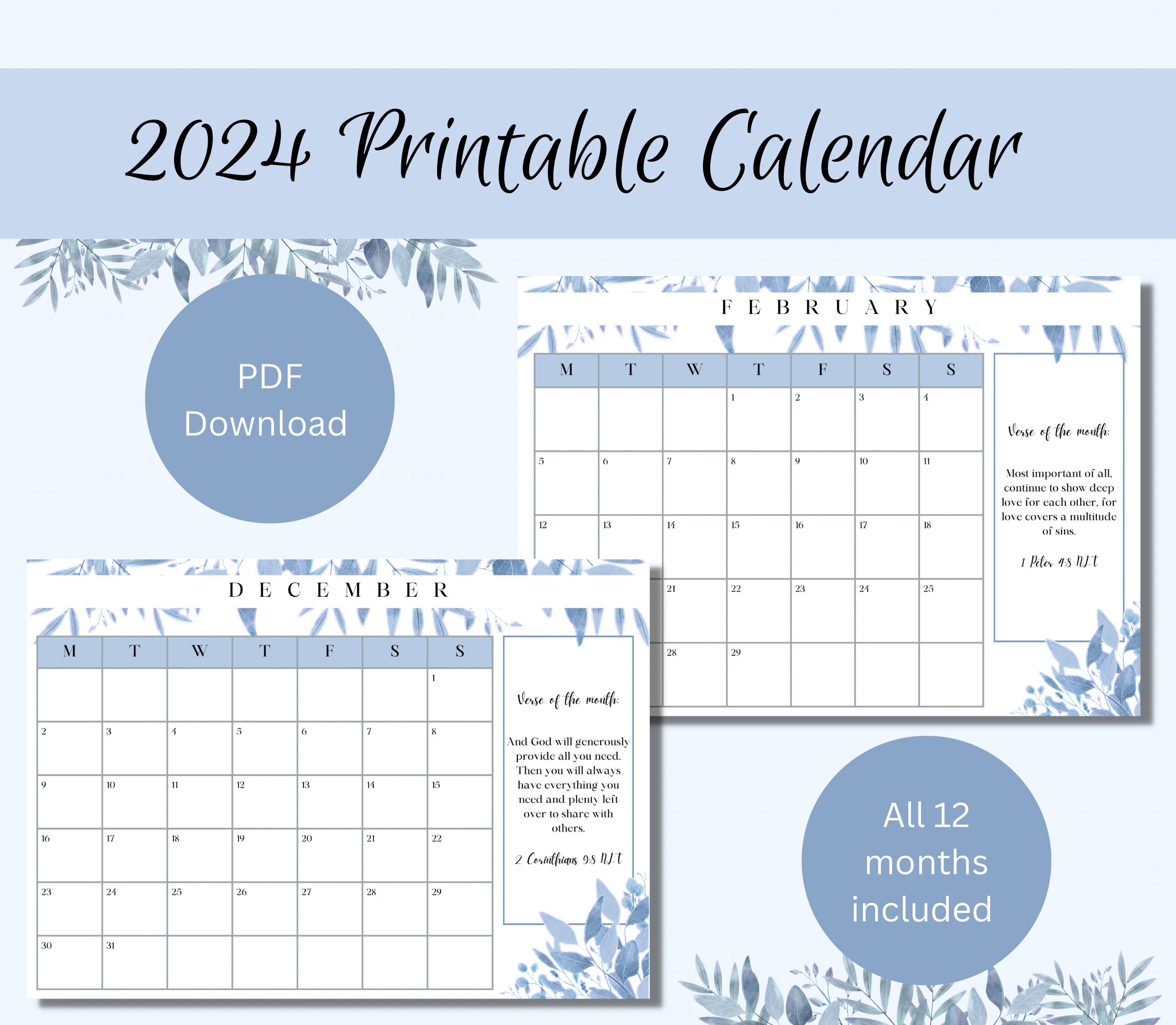 Printable Calendars 2024 Blue Watercolour Floral Theme Watercolour ...