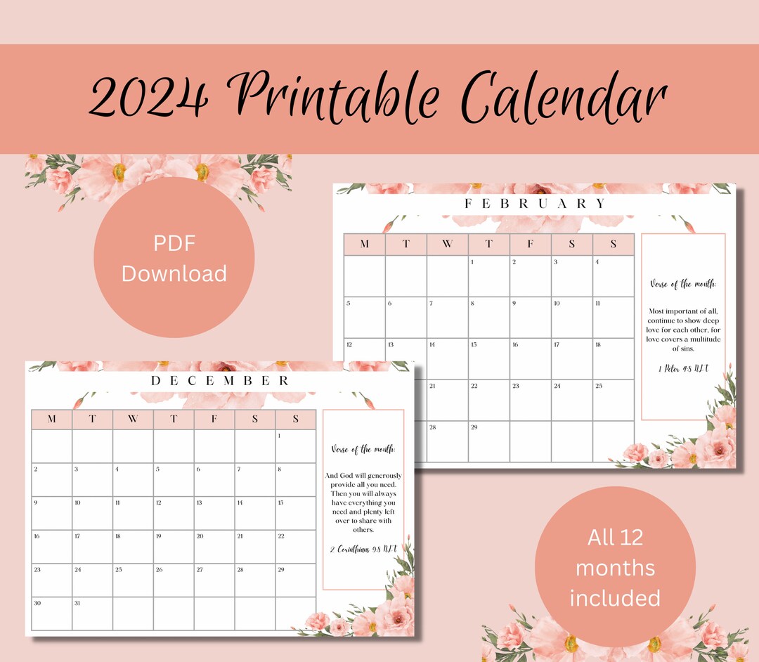 Printable Calendar 2024 Pink Watercolour Flowers Watercolour Printable ...