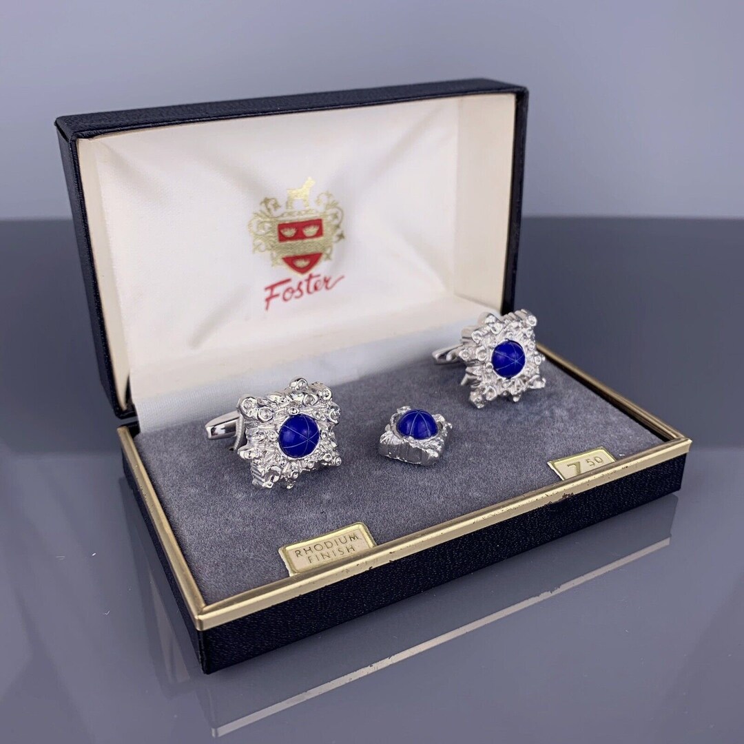 Nugget Faux Blue Star Sapphire Cufflinks Tie Pin Silver Tone Foster ...