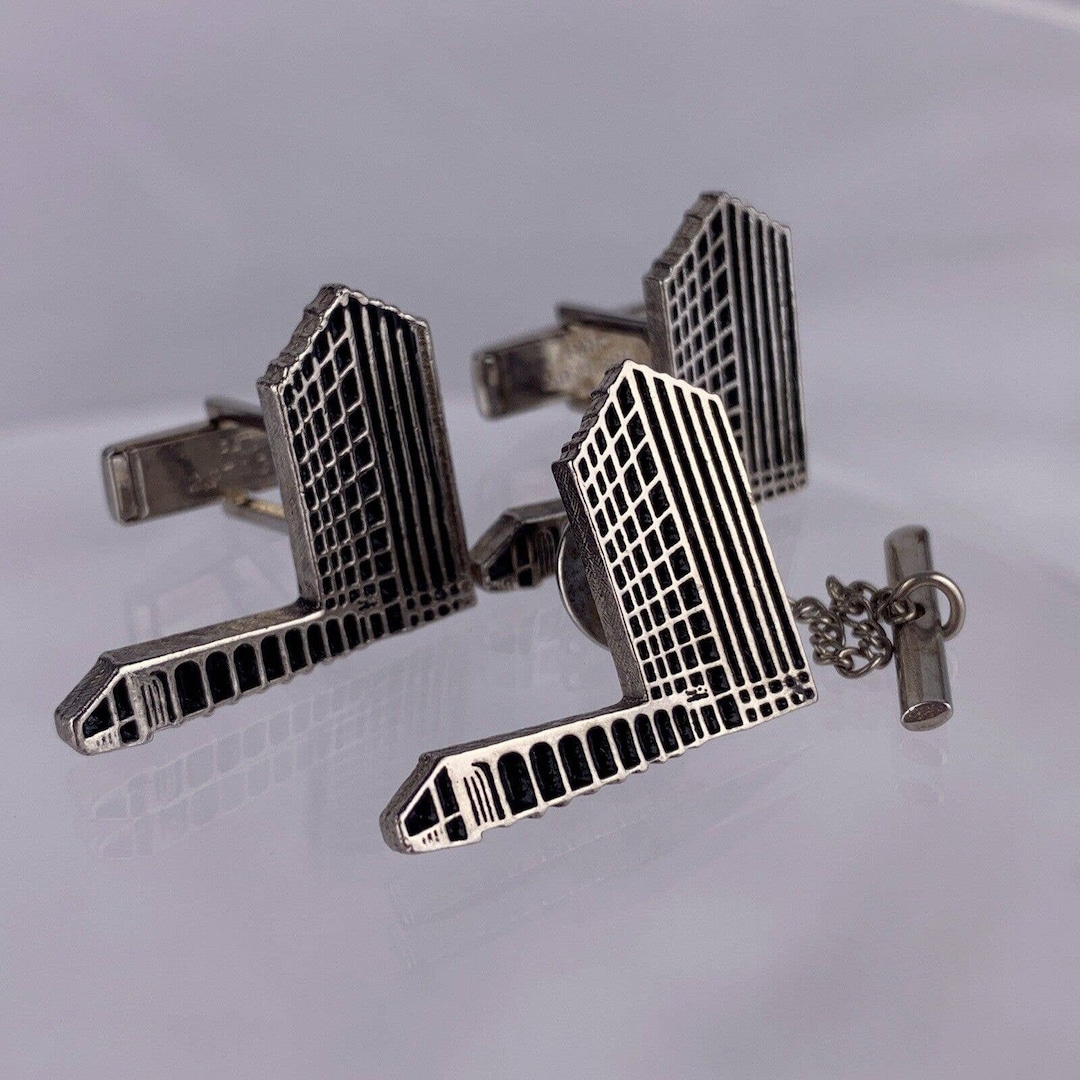 Building Architecture Office Cufflinks & Tie Pin Silver Tone Tower ...