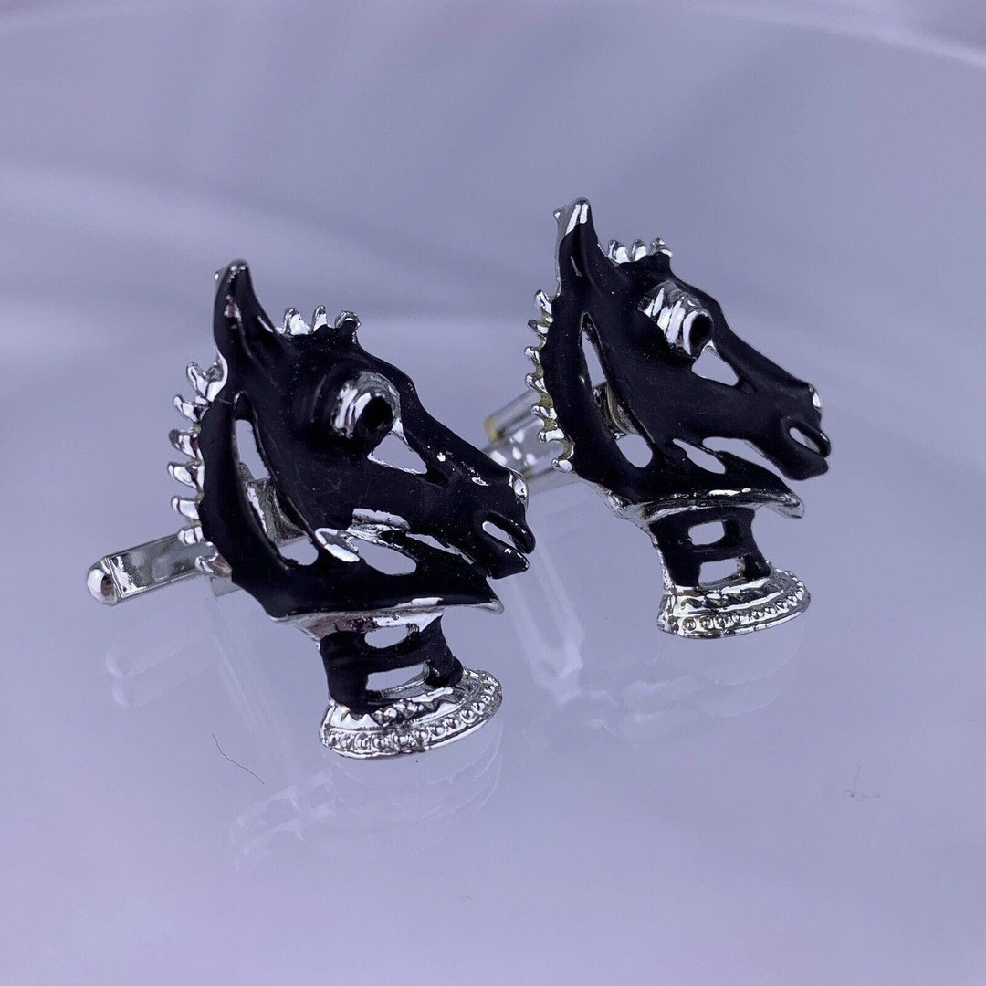 Chess Knight Horse Head Silver Tone Cufflinks Black Large Abstract ...