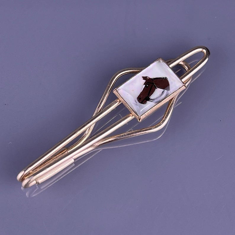 Horse Head Reverse Painted Intaglio Tie Clip Bar Gold Tone Glass ...