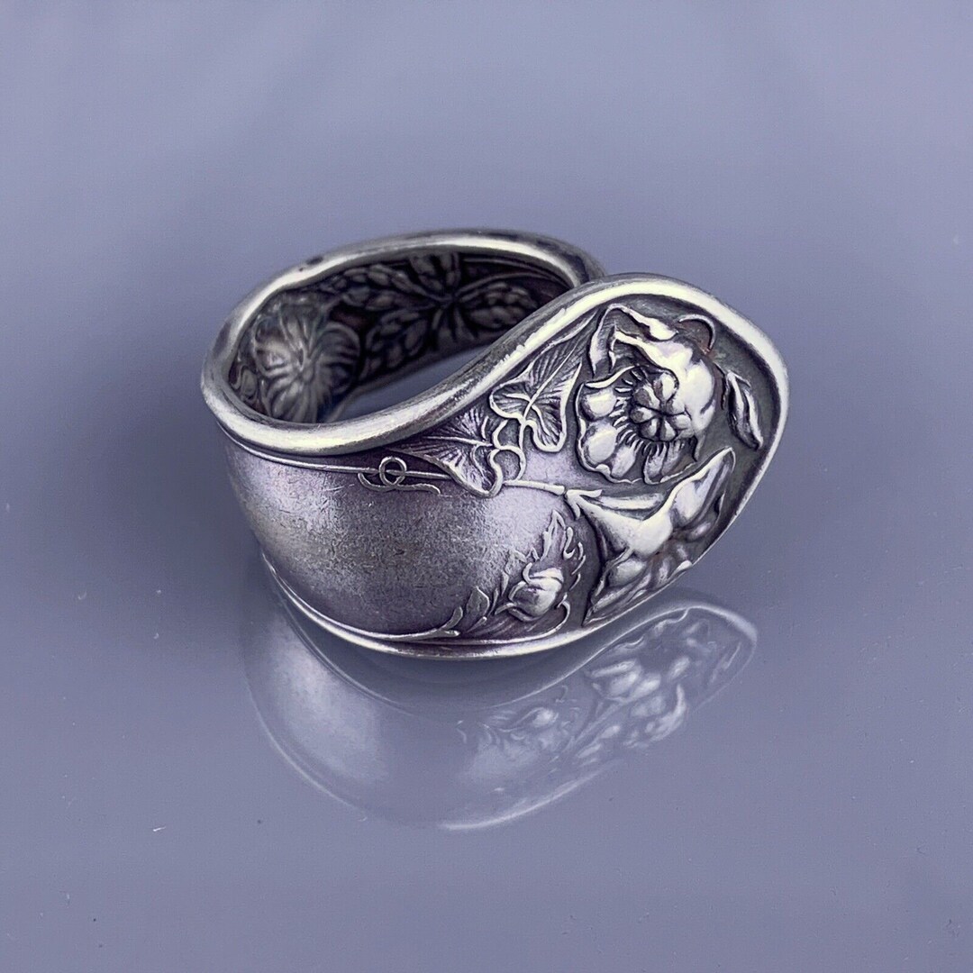 Silver Plated Spoon Ring Flowers Floral Lily Lilies Leaves Vintage Size ...