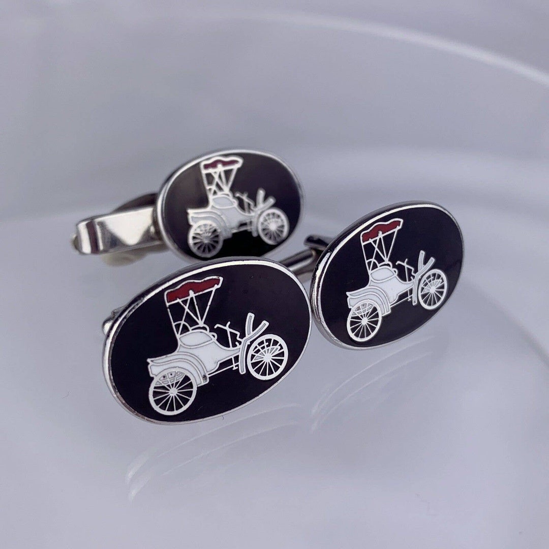 Black Model T Antique Car Buggy Silver Tone Cufflinks Tie Clip Enamel ...