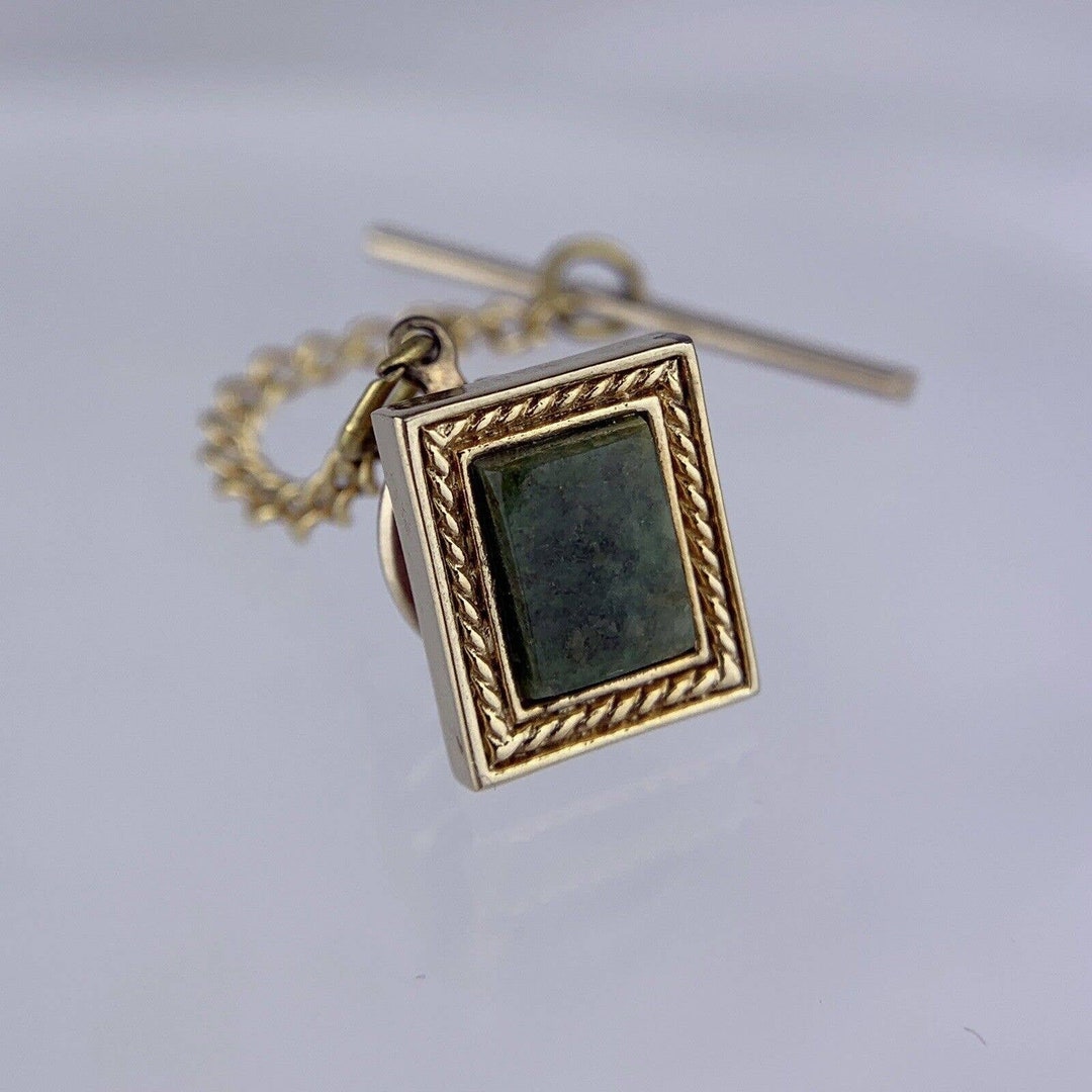 Green Jade Gold Tone Tie Tack Pin Rectangle Decorative Border Vintage ...