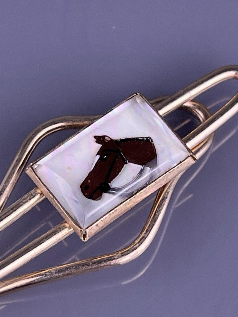 Horse Head Reverse Painted Intaglio Tie Clip Bar Gold Tone Glass ...