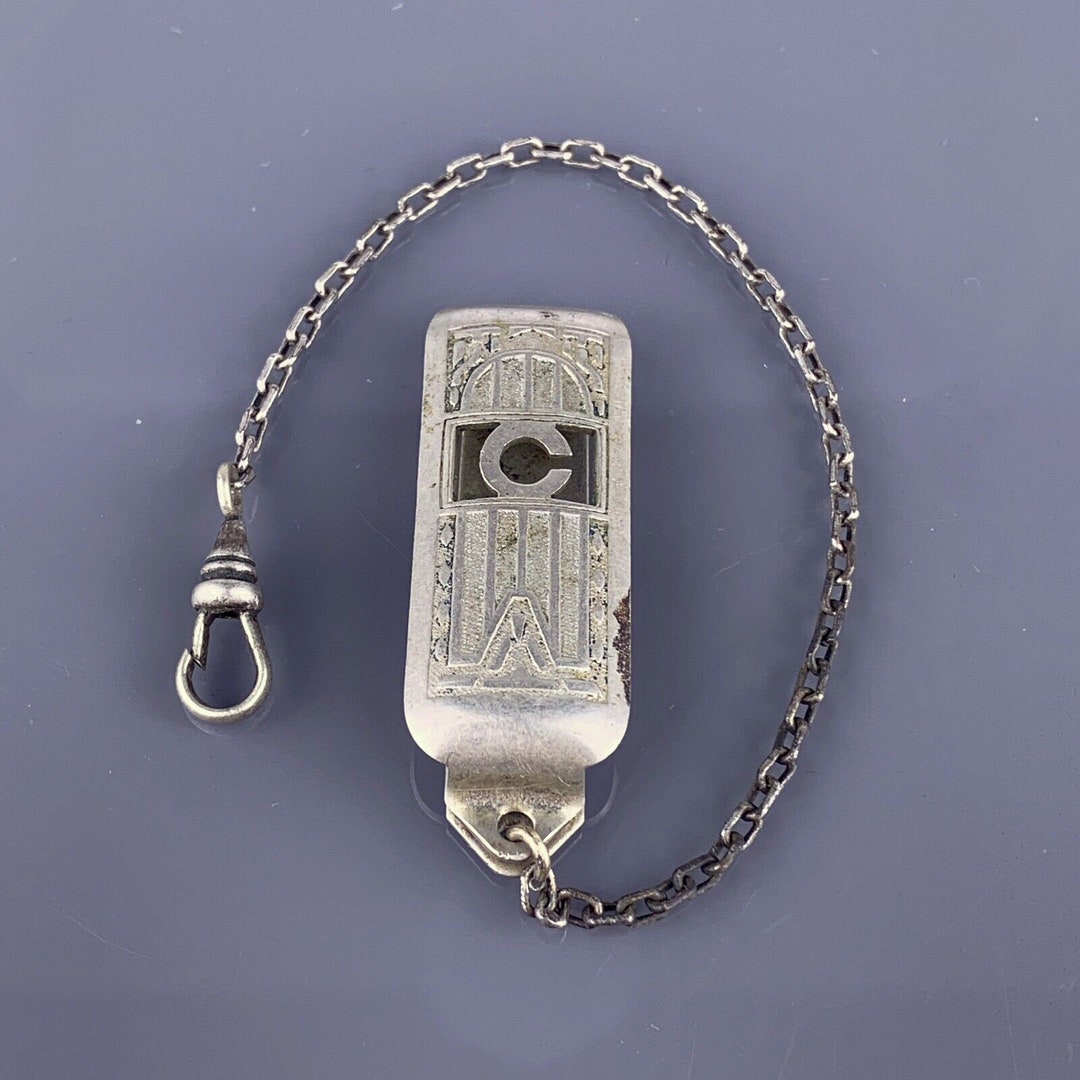 Art Deco C Initial Pocket Watch Belt Clip Chain Silver Inlay Plated ...