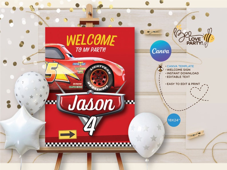 Cars Lightning Mcqueen Birthday Welcome Sign, Cars Welcome, Cars Party ...