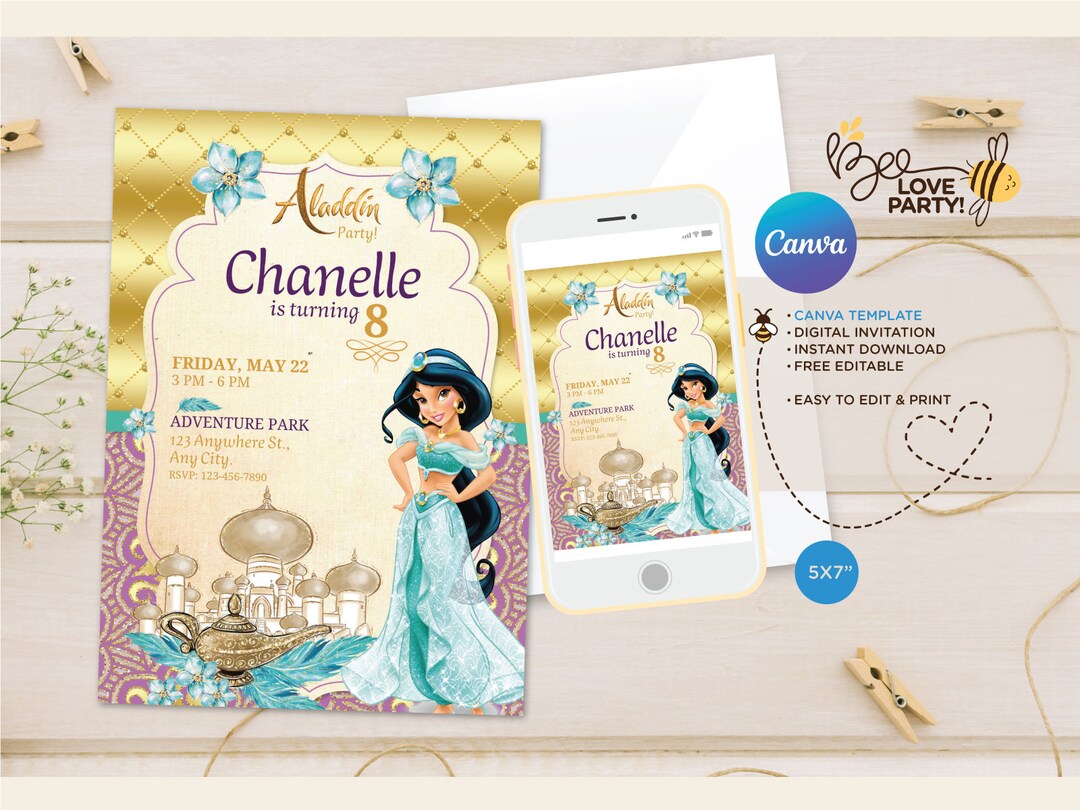 Princess Jasmine Invitation, Jasmine Birthday Invitation, Aladdin ...
