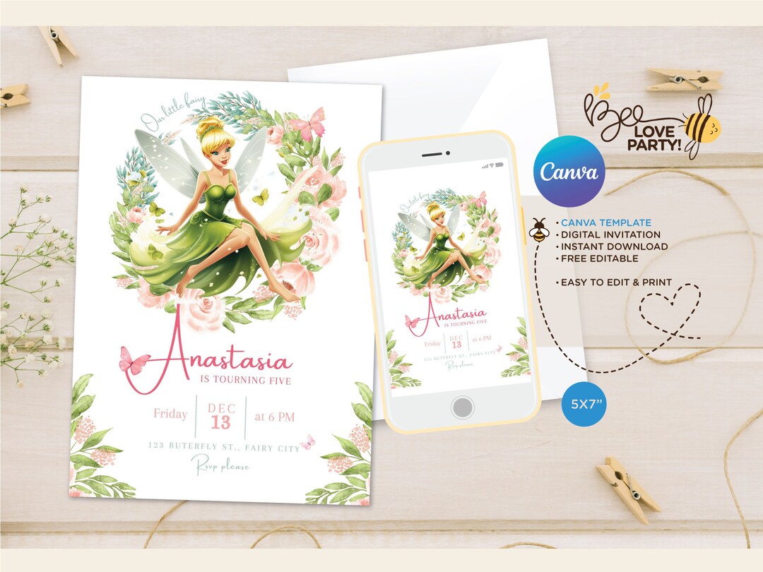 Fairy Tinkerbell Invitation Fairy Birthday Invitation Tinker Bell