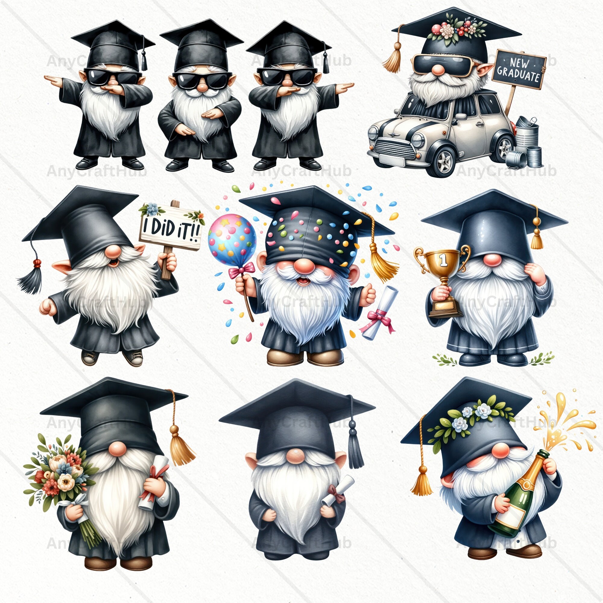 Watercolor Graduation Gnomes Clipart, Graduate of Class of 2024, Cap ...