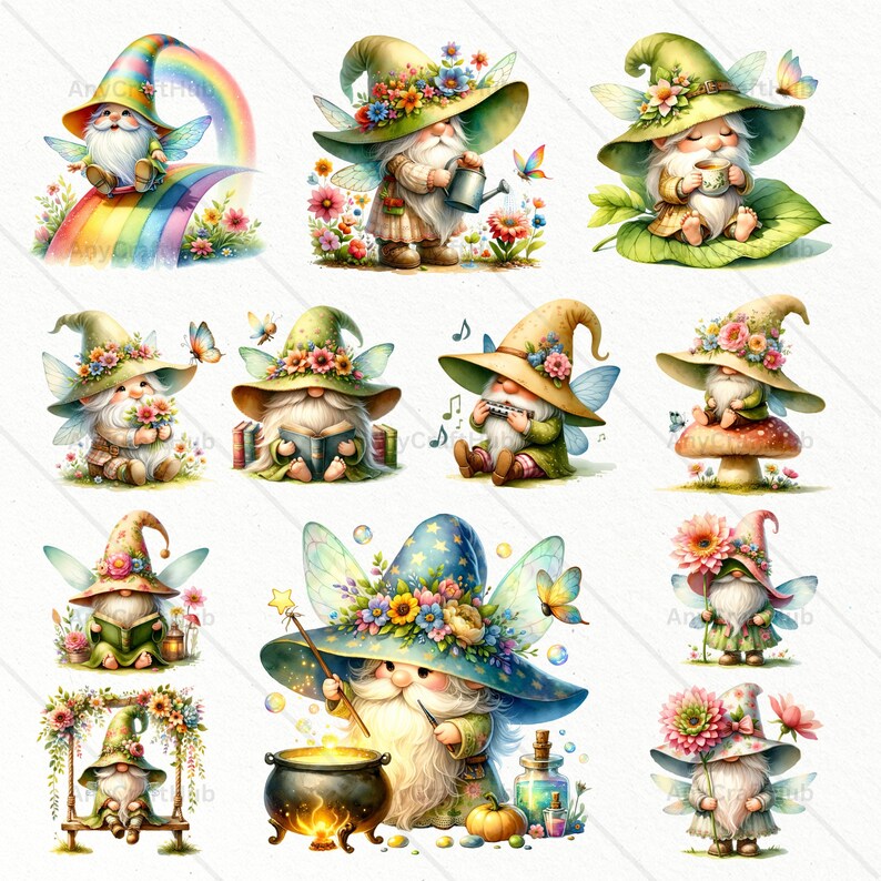 Fairy Garden Gnomes Clipart, Watercolor Springtime, Flower Gnomes ...
