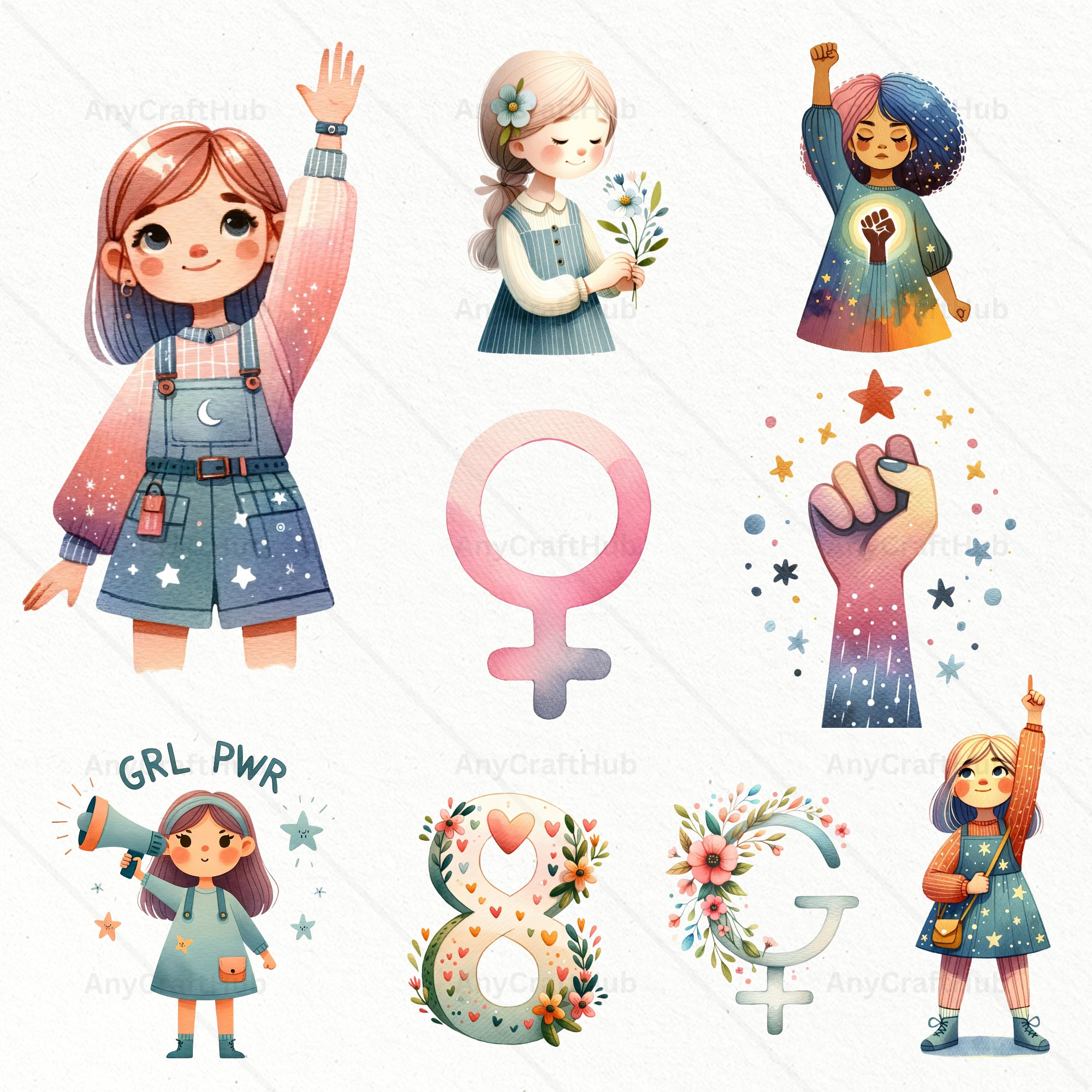 Girl Power Clipart, Watercolor Women's Day, Strong Woman Art, Spring ...