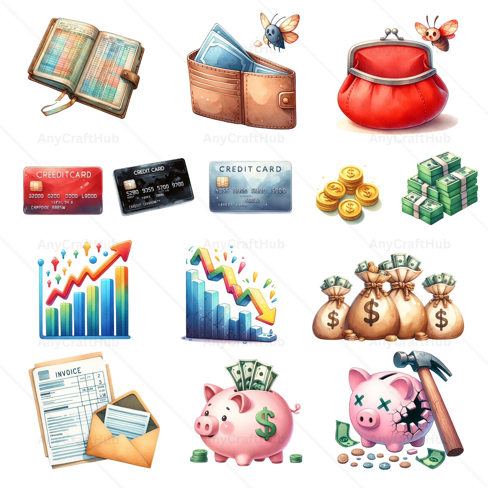 Watercolor Money Clipart Set, Piggy Bank Graphics (PNG) - Etsy
