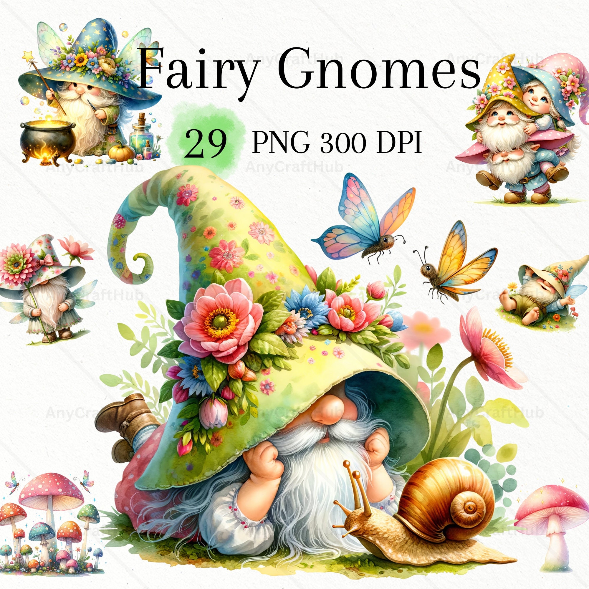 Fairy Garden Gnomes Clipart, Watercolor Springtime, Flower Gnomes ...