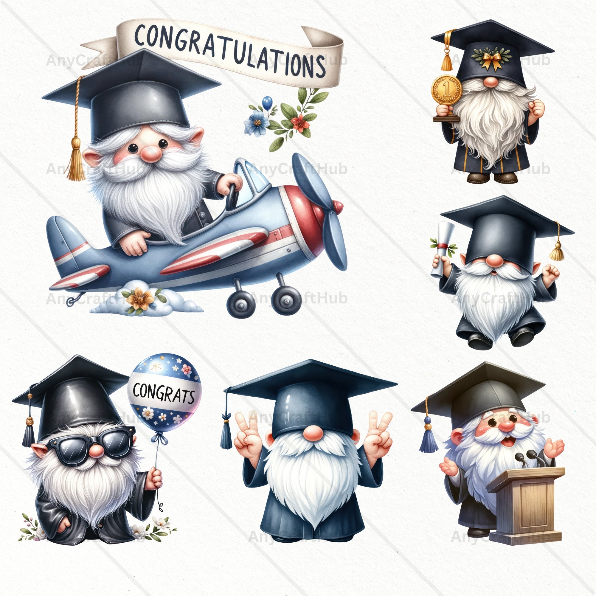 Watercolor Graduation Gnomes Clipart, Graduate of Class of 2024, Cap ...