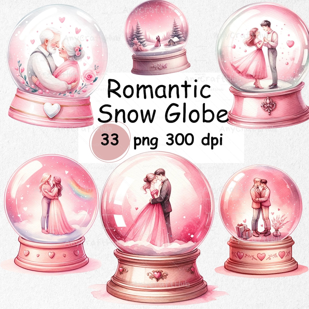 Watercolor Romantic Snow Globe, Pink Valentine, Romantic Wedding ...
