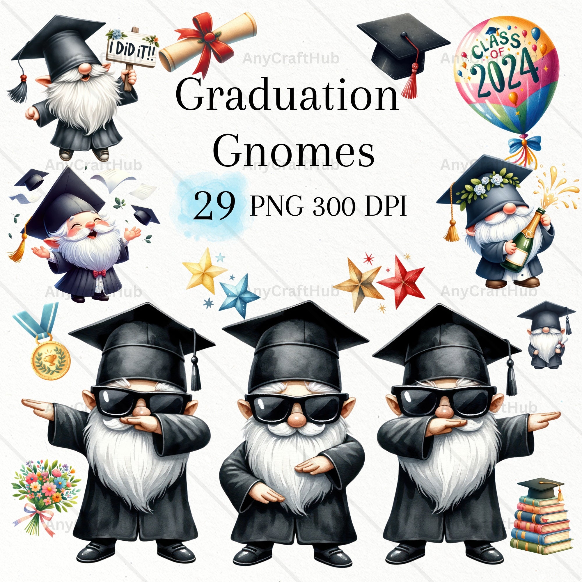 Watercolor Graduation Gnomes Clipart, Graduate of Class of 2024, Cap ...