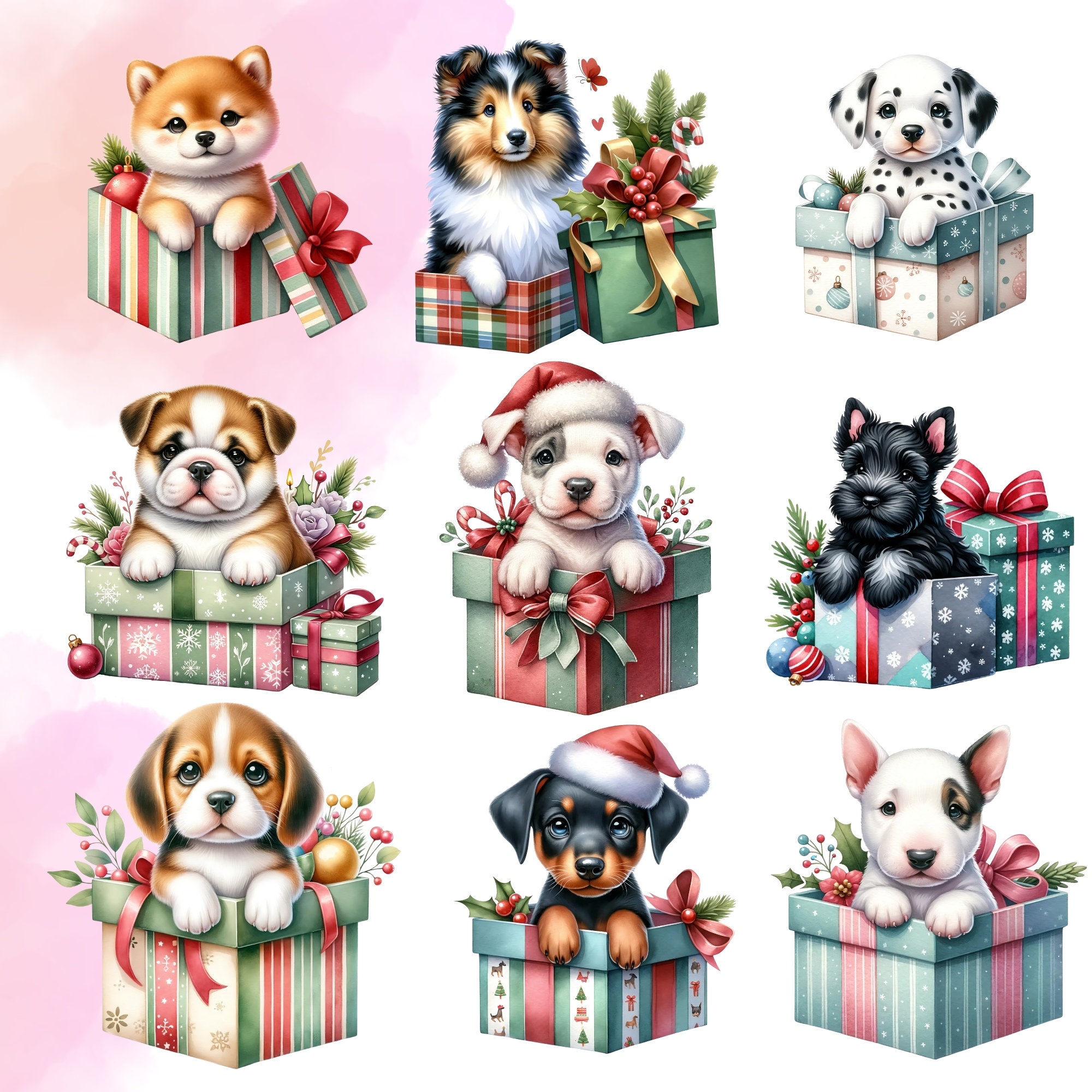 Watercolor Christmas Dogs PNG Bundle,chritmas Puppy Gift Box ,dogs Gift ...