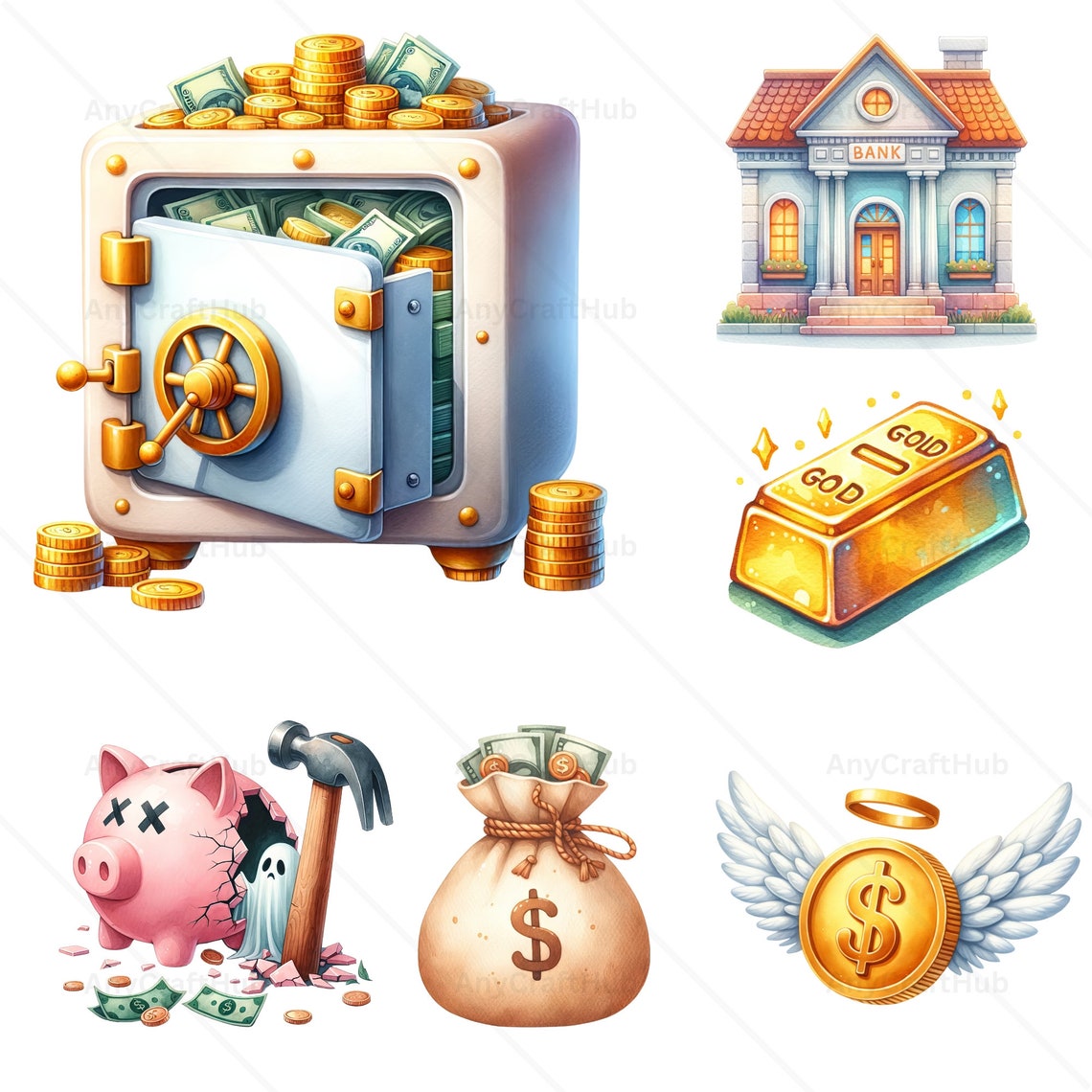 Watercolor Money Clipart Set, Piggy Bank Graphics (PNG) - Etsy