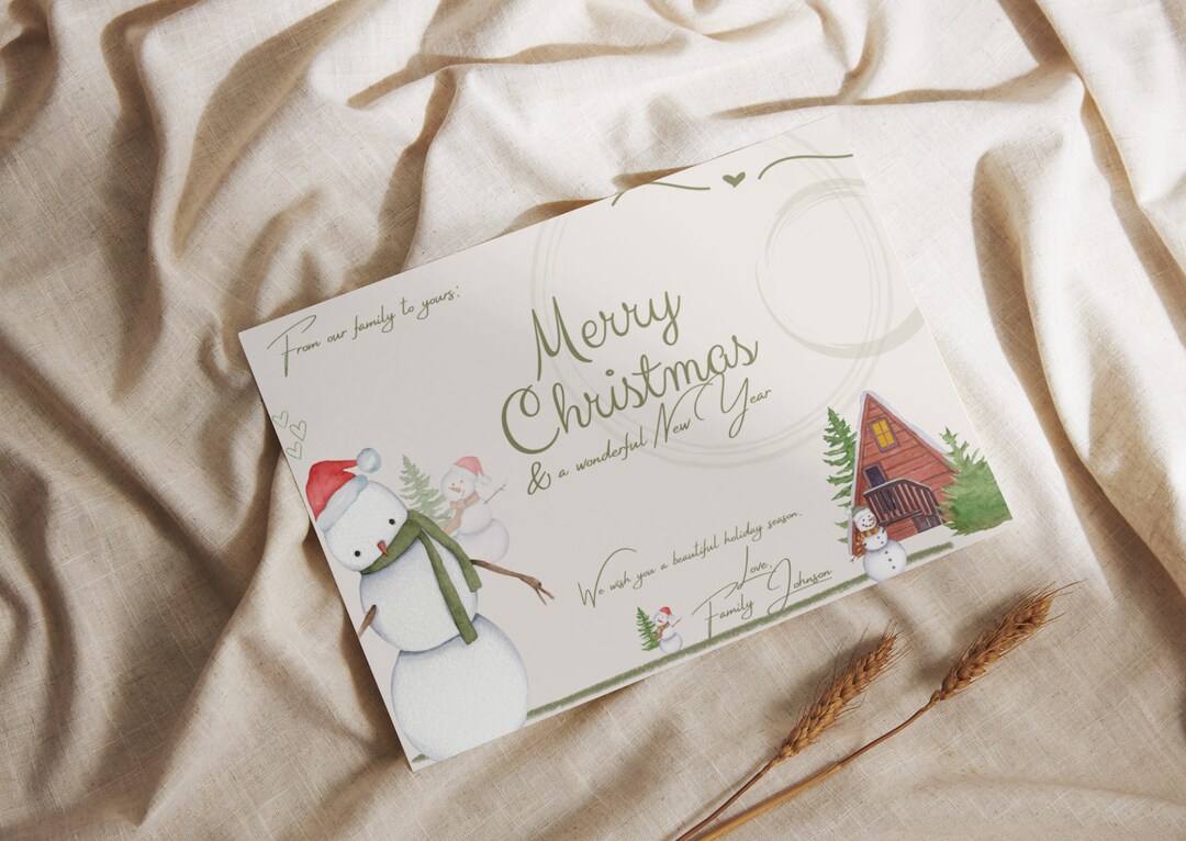 Editable Christmas Card, Christmas Greeting Card, Holiday Card, Snowman ...