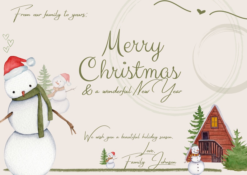 Editable Christmas Card, Christmas Greeting Card, Holiday Card, Snowman ...