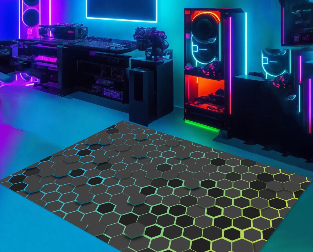 Gaming Room Rug, Game Room Rug, Neon Hexegon Pattern, Neon Game ...