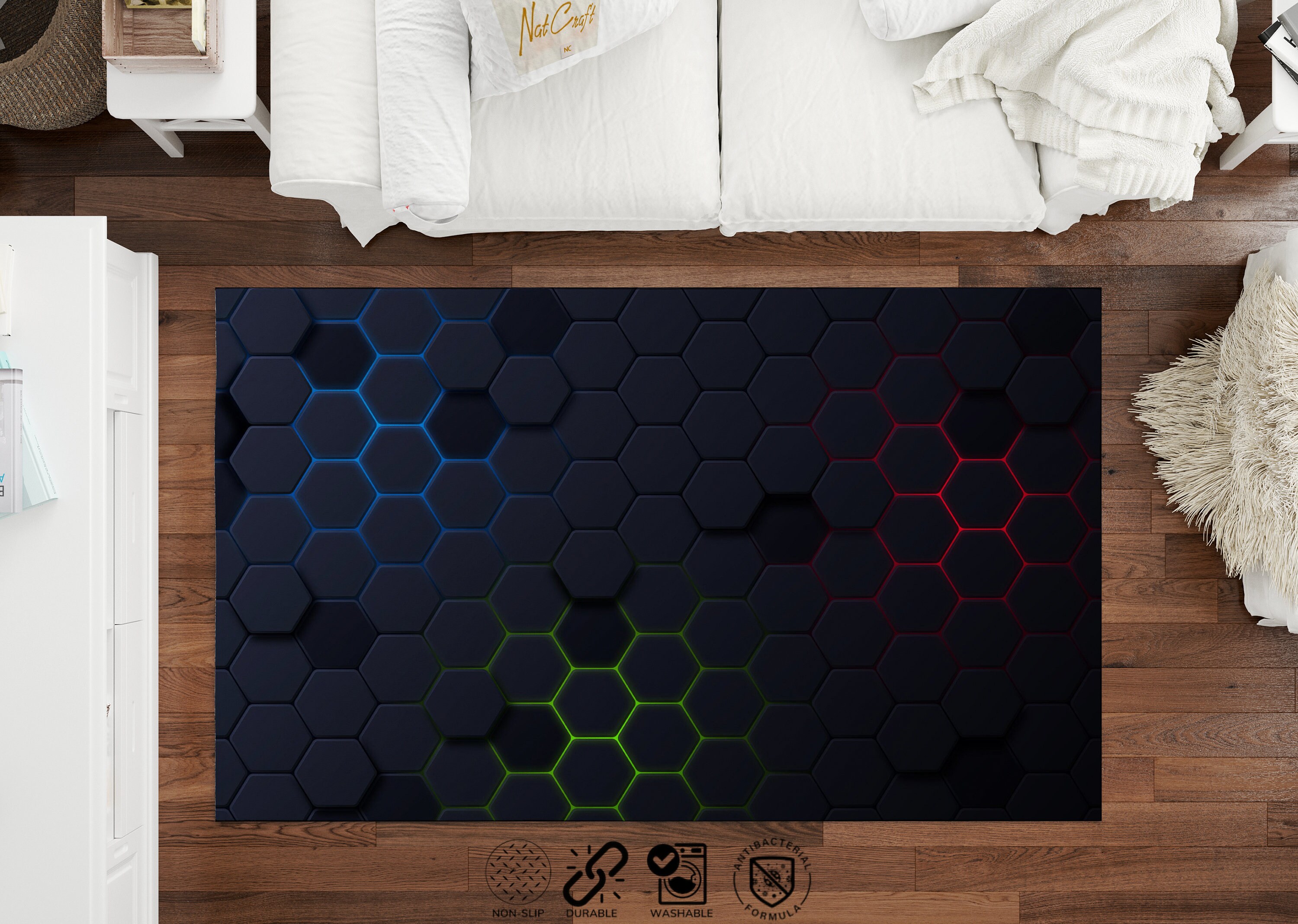 Neon Gaming Rug, Gaming Room Rug, Hexegon Pattern, Neon Game Controller ...