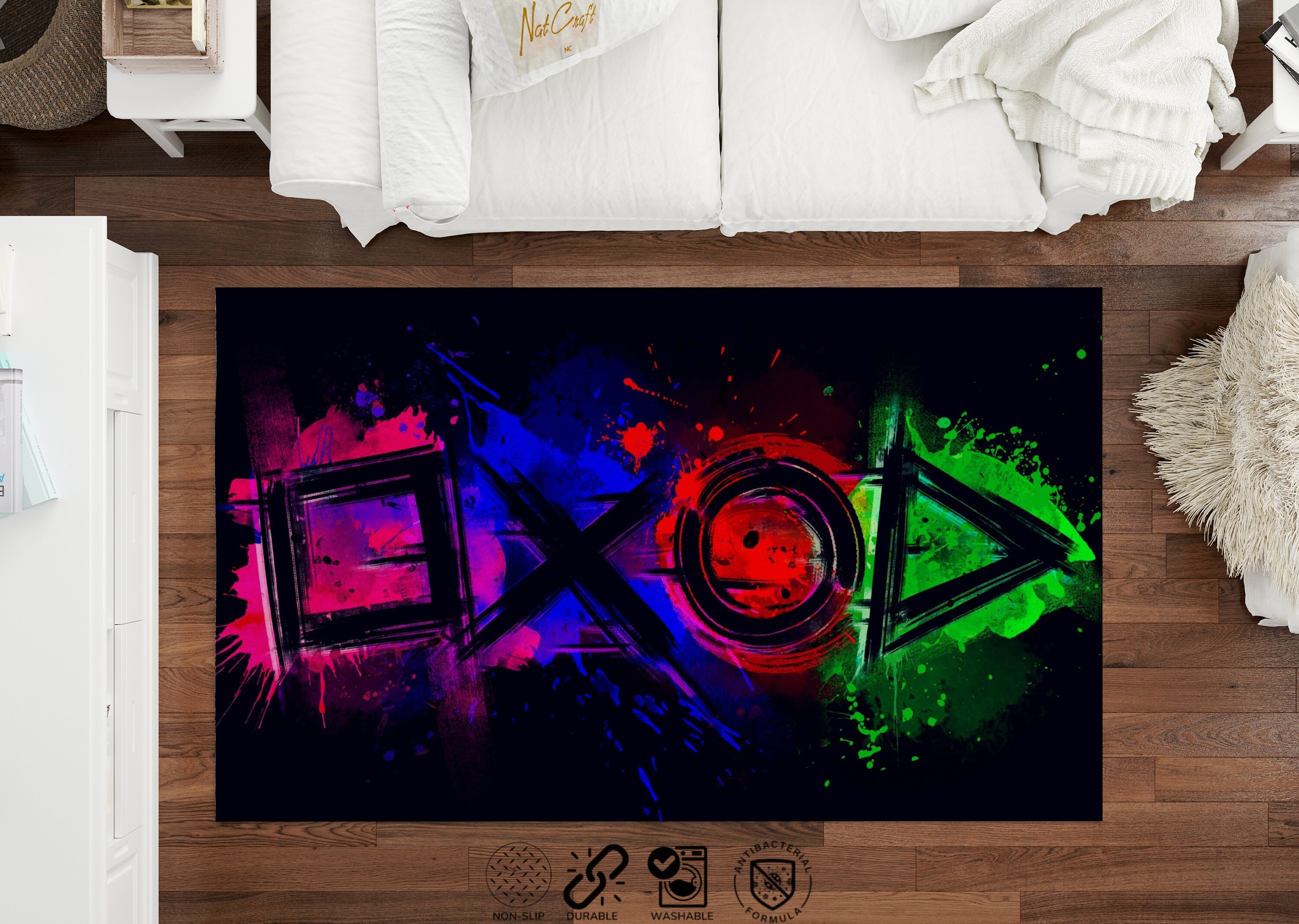 Joysticks Rug, Gamer Neon Rug, Gamer Room Rug, Retro Game Pattern ...