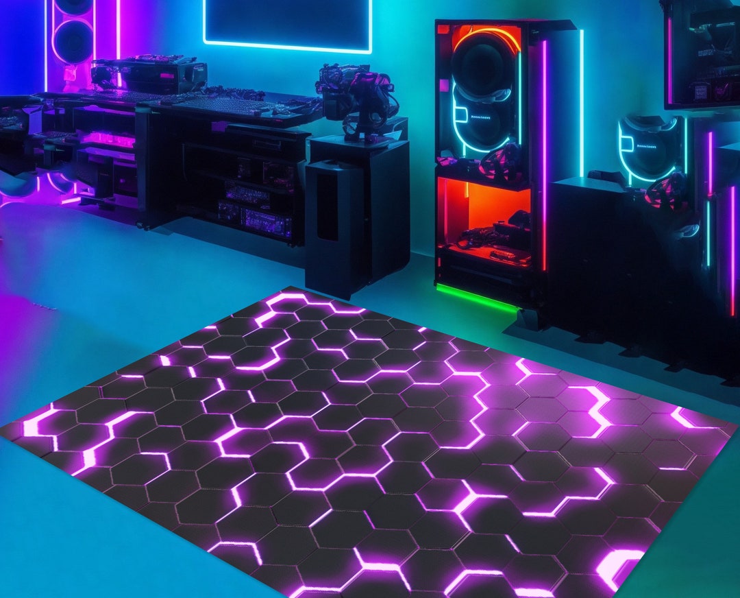 Neon Game Room Rug, Gaming Room Rug, Hexegon Pattern, Neon Game ...