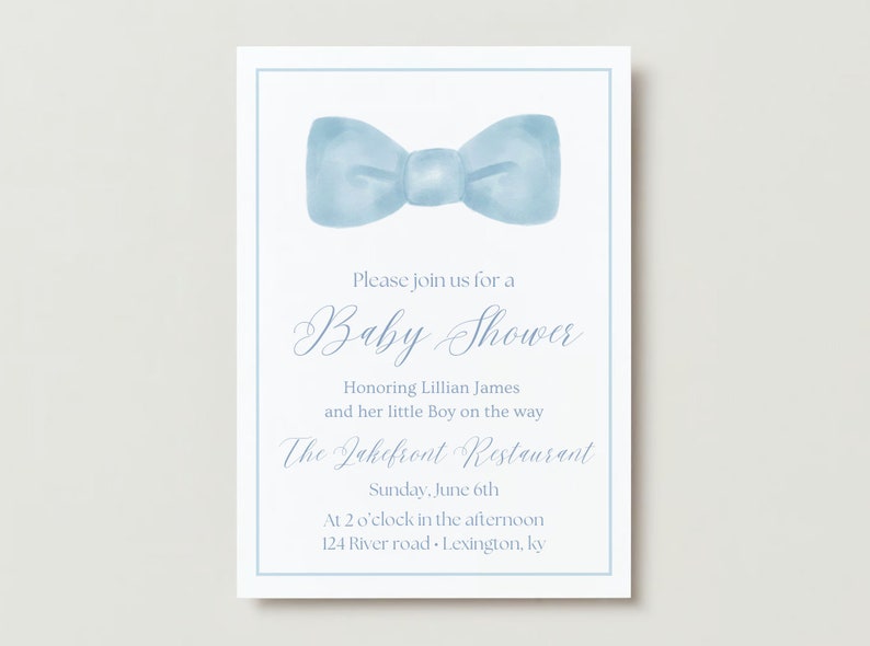 Blue Bow Tie Baby Shower Invitation, Elegant Watercolor (digital ...