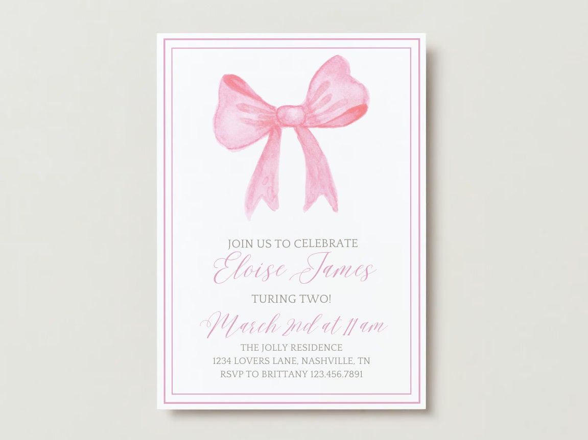 Pink Bow Birthday Invitation, Watercolor Pink Bow Theme Birthday Party ...
