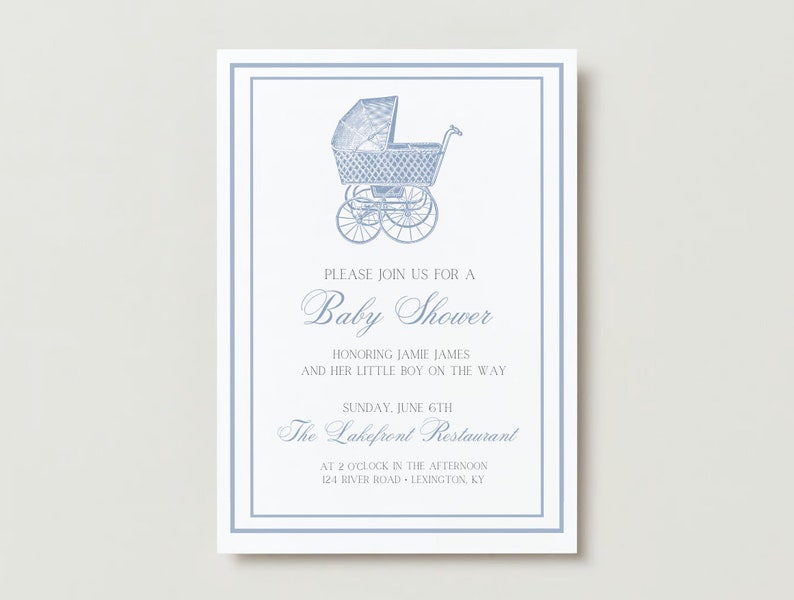 Blue Baby Shower Invitation, Watercolor Carriage, Boy (digital Download ...