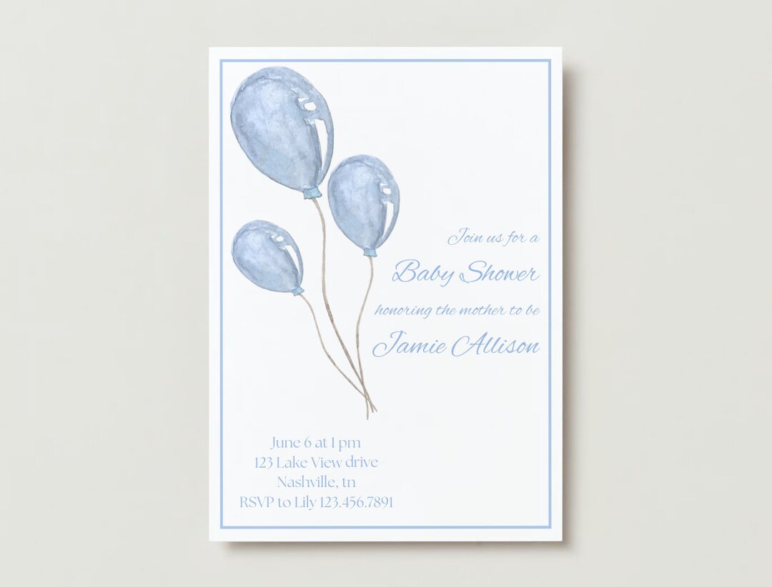 Blue Balloon Baby Shower Invitation, Watercolor Design (digital ...