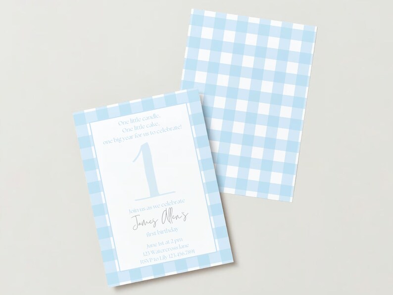 Blue Gingham Birthday Party Invitation, Editable Classic Gingham Boy ...