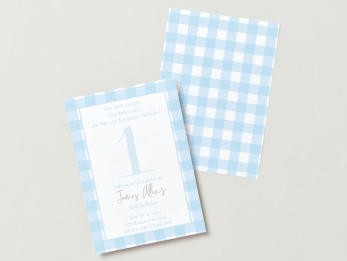 Blue Gingham Boy 1st Birthday Invitation, Editable Template (digital ...