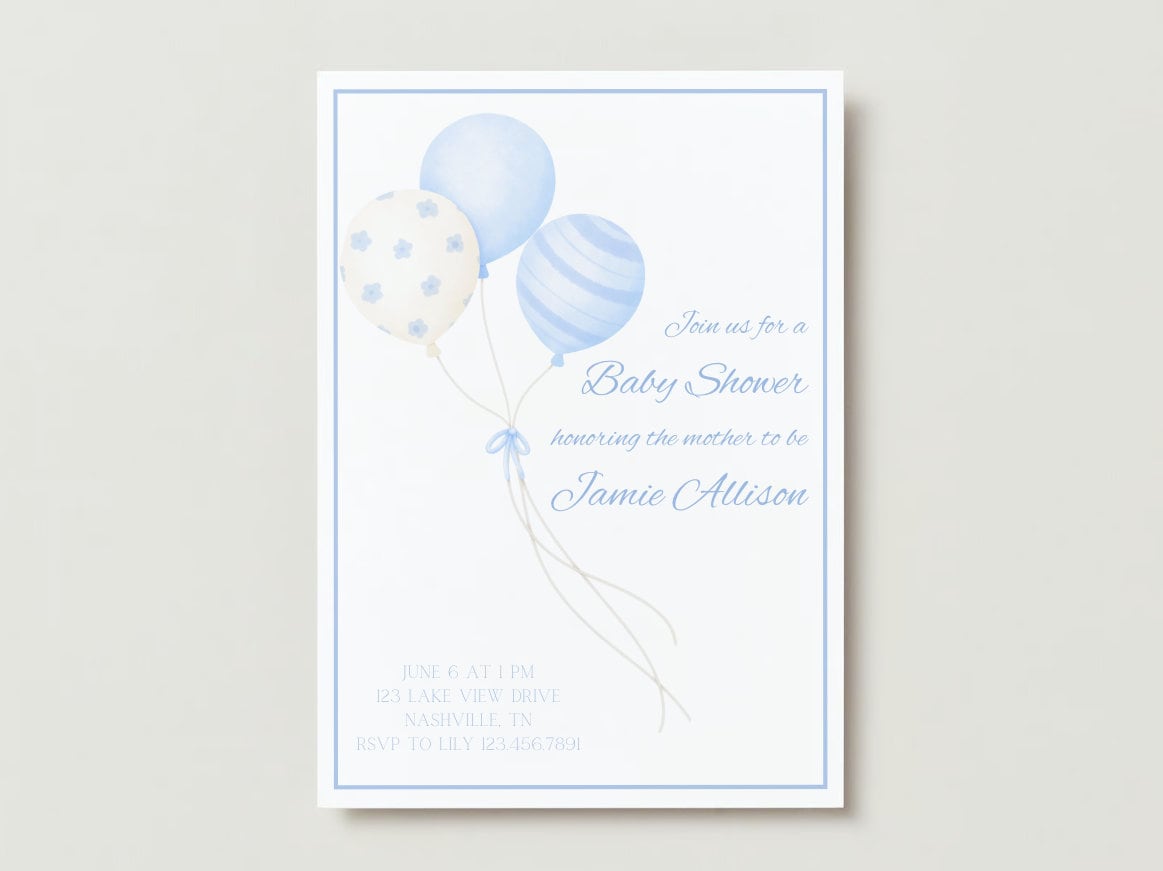 Blue Balloon Baby Shower Invitation, Watercolor Blue Balloon Baby ...