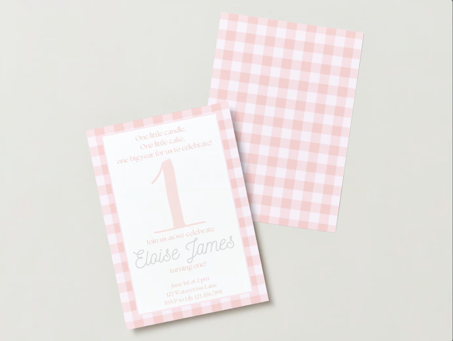 Pink Gingham First Birthday Invitation, Editable Template (digital ...